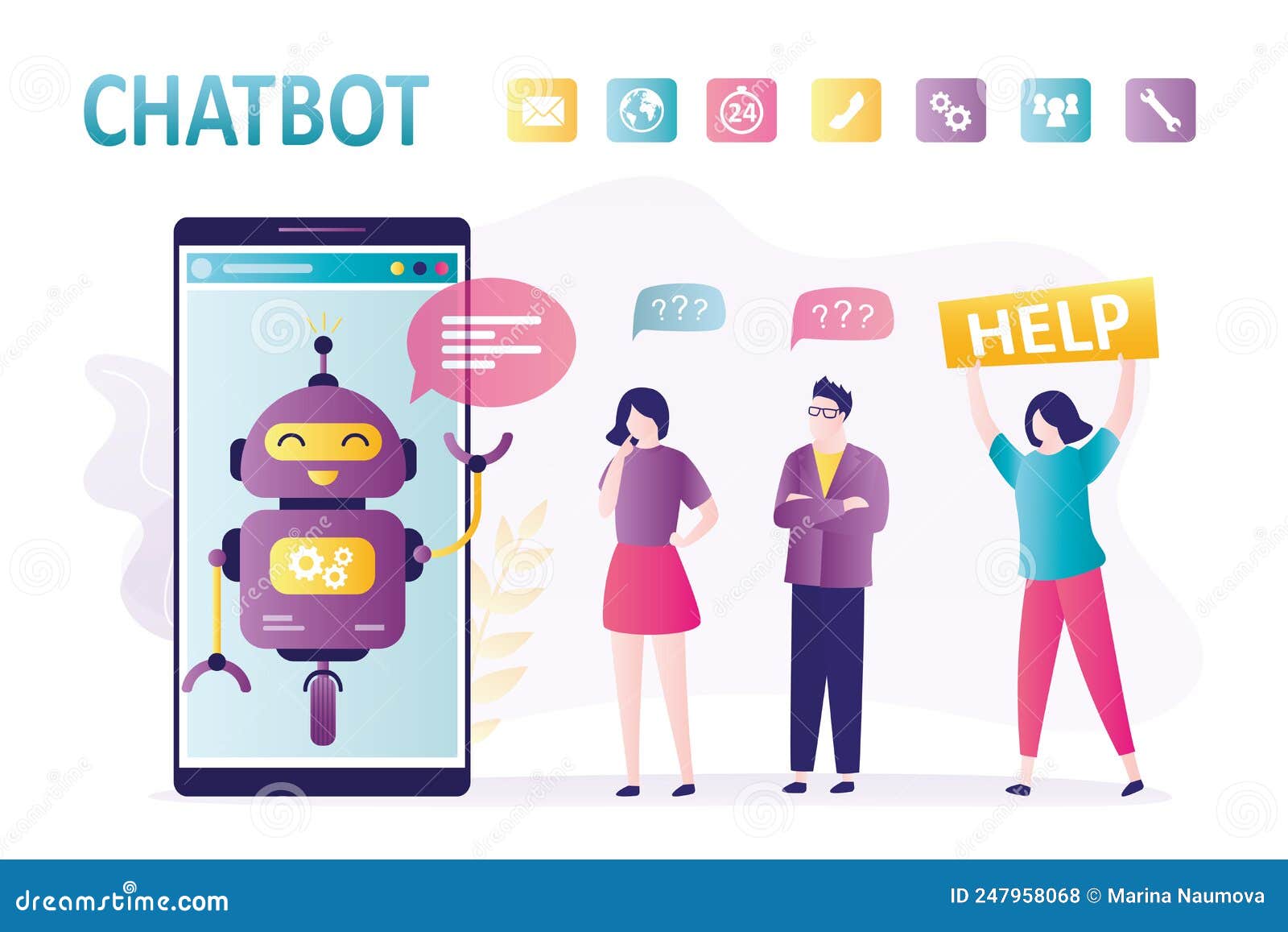 People Ask Different Questions To Chat Bot. Virtual Assistant on ...