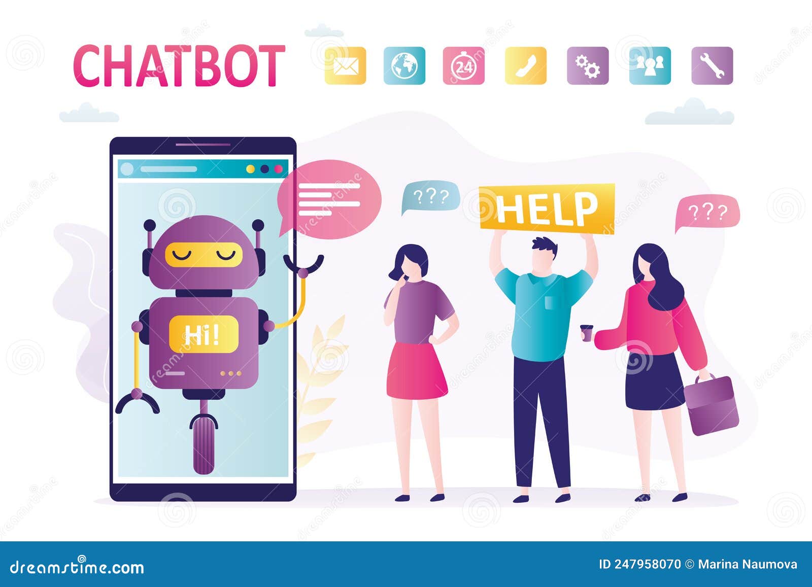 People Ask Different Questions To Chat Bot. Virtual Assistant on ...