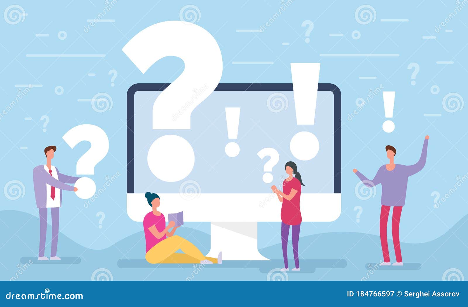 Asking Questions Around A Huge Question Mark Cartoon Vector ...