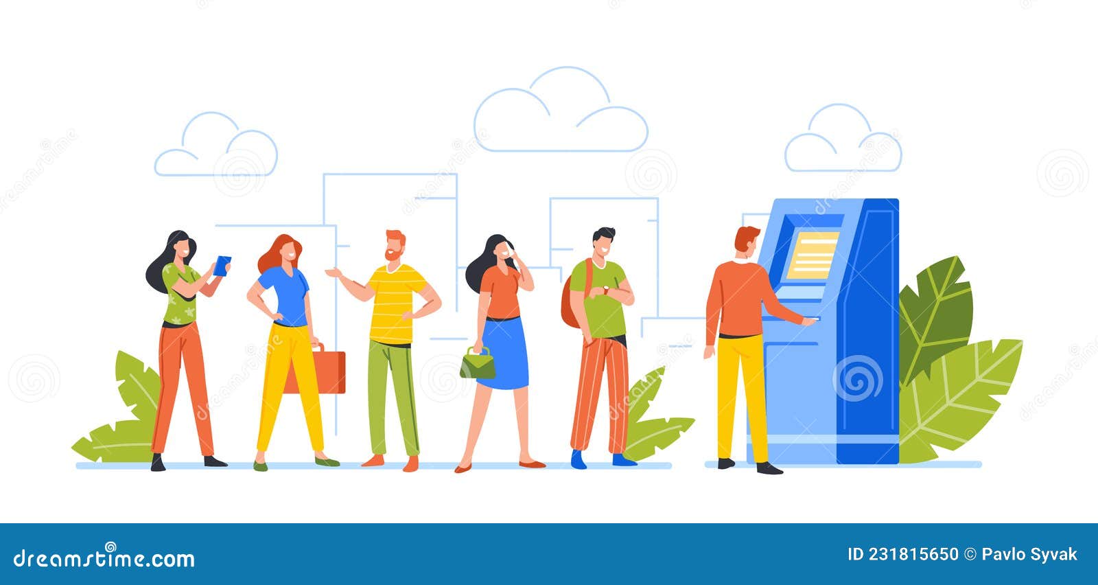 People at Atm Line. Male and Female Clients Characters Stand in Queue ... People at Atm Line. Male and Female Clients Characters Stand in Queue ...