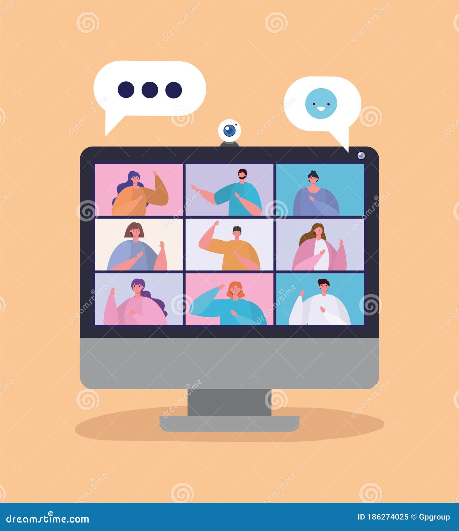 People Avatars on Computer in Video Chat with Bubbles Vector Design ...