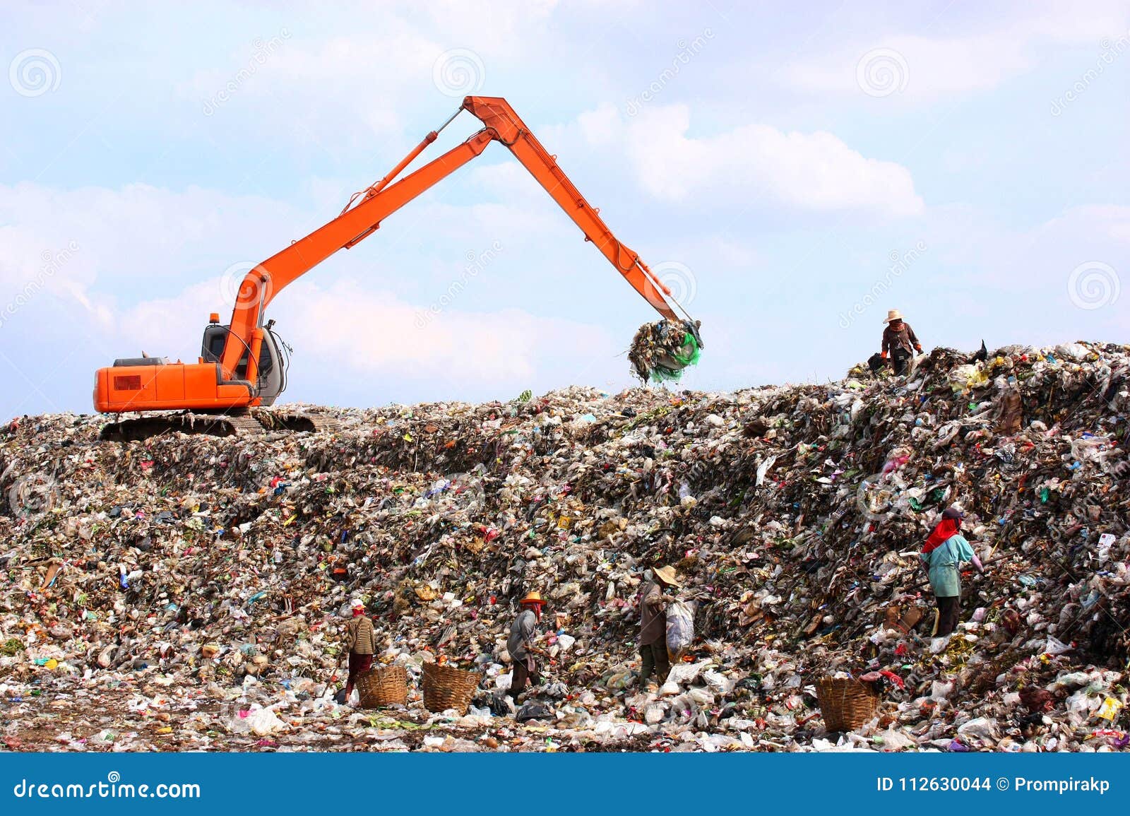 People, Backhoe Working on Garbage Dump at Landfill. Stock Photo ...