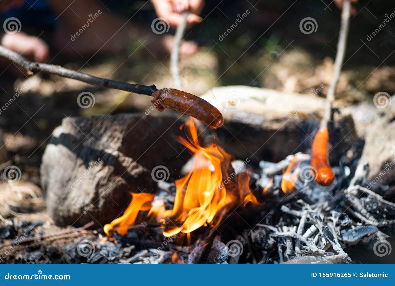 People Baking Sausage on Fire on a Picnic Stock Image - Image of ...