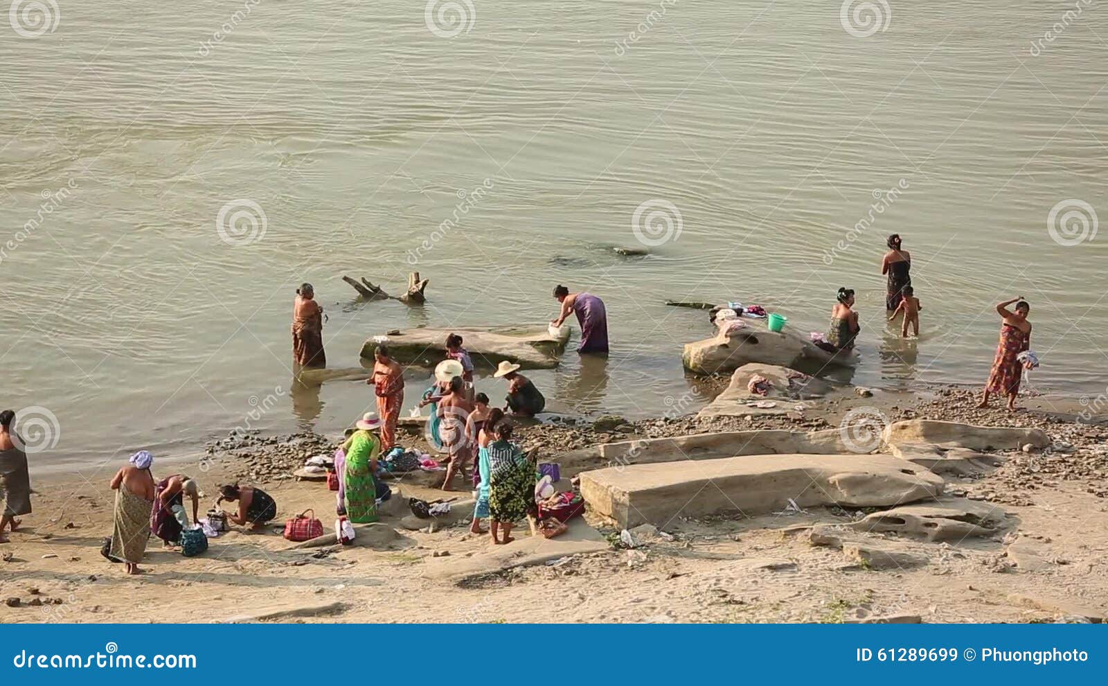 People Bathing on the River in Bagan Stock Video - Video of mother ...