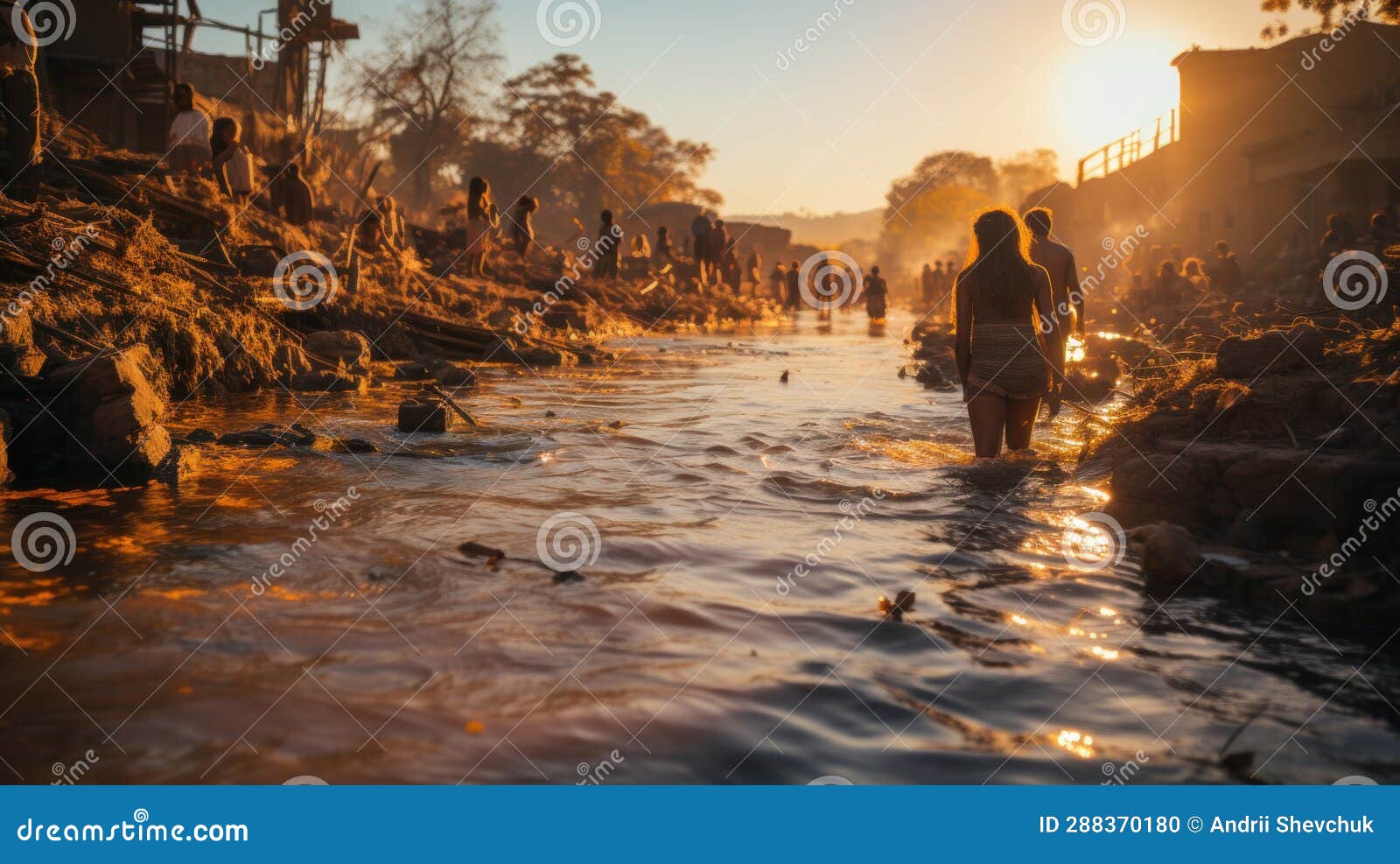 People Bathing in River at Sunrise in Bagan, Myanmar Stock Illustration ...