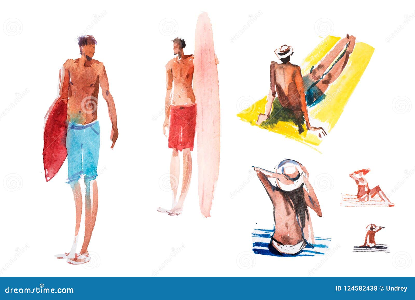 People On The Beach. Watercolor Hand Drawn Illustration. Sketches ...