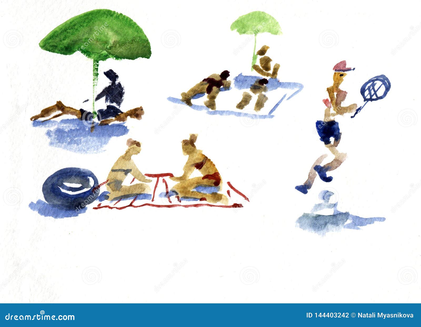 People on the Beach. Watercolor Hand Drawn Illustration Stock ...