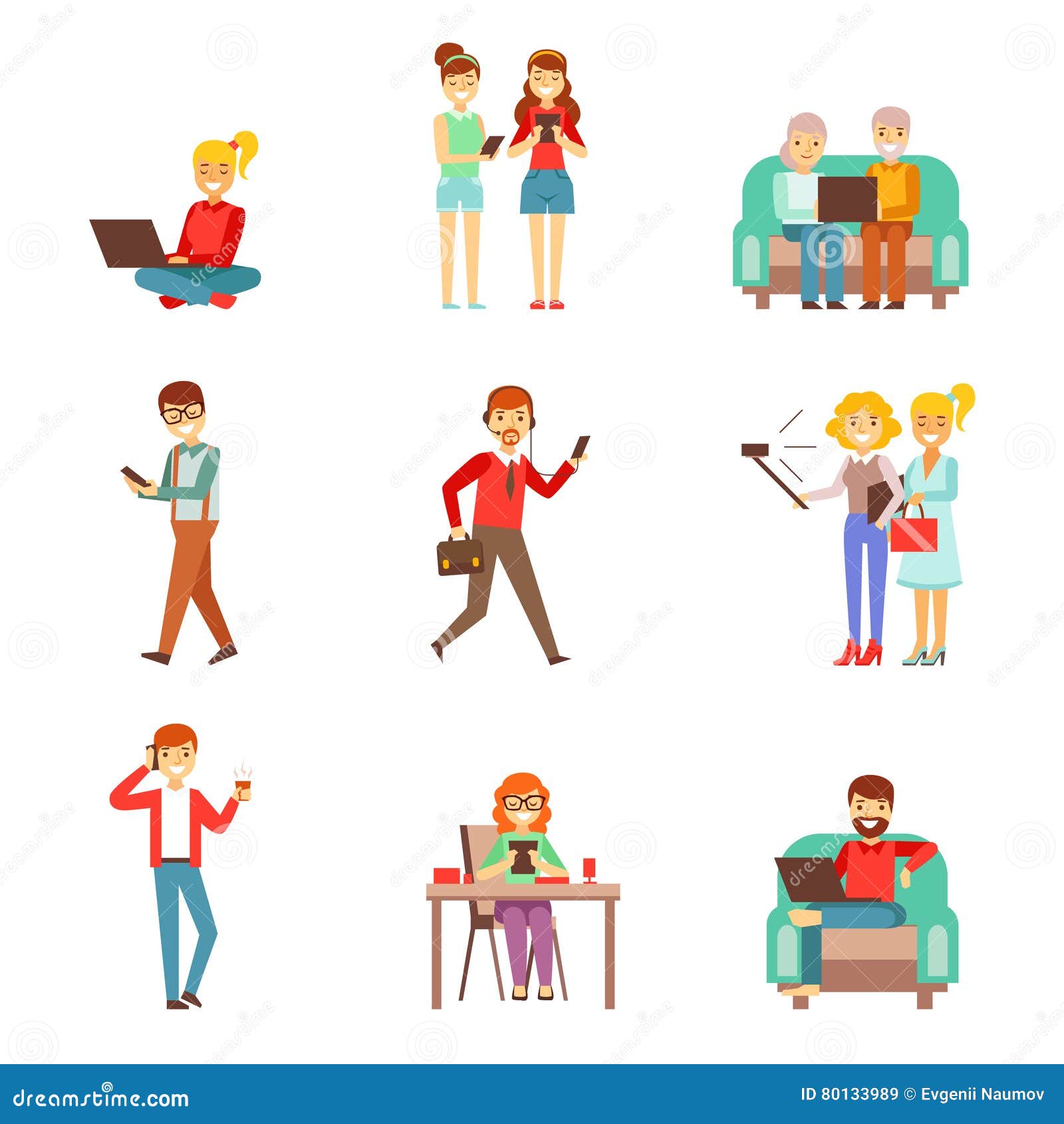 People Being Obsessed with Gadgets Set of Illustrations Stock Vector ...