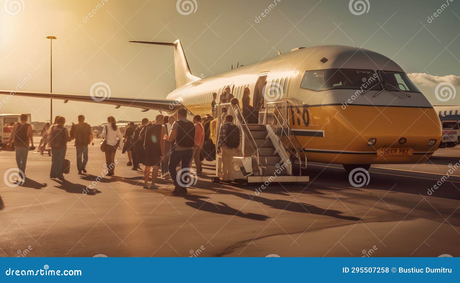 People Boarding Airplane, Passengers Walking Up Ramp, Plane On Airport ...
