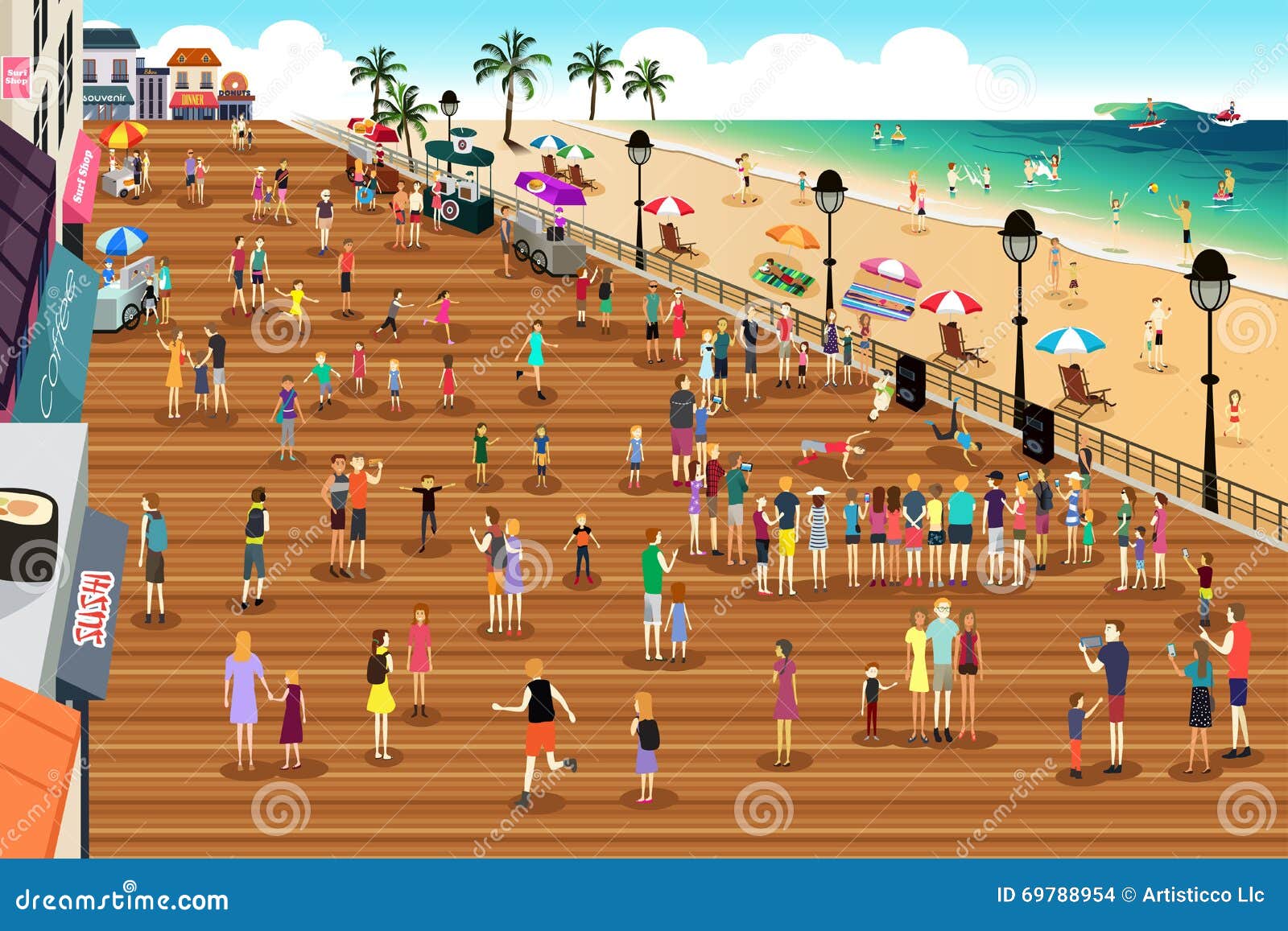 People in a Boardwalk Scene Stock Vector - Illustration of leisure ...