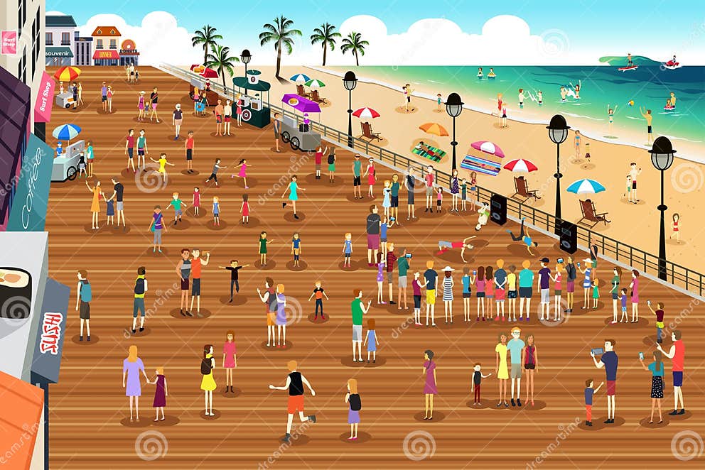 People in a Boardwalk Scene Stock Vector - Illustration of leisure ...