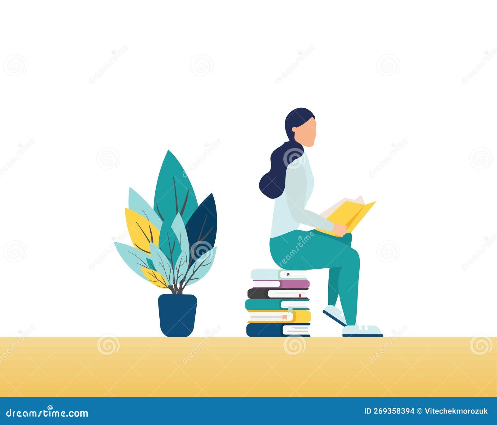 People with Books. a Woman is Sitting on a Stack of Books and Reading a ...