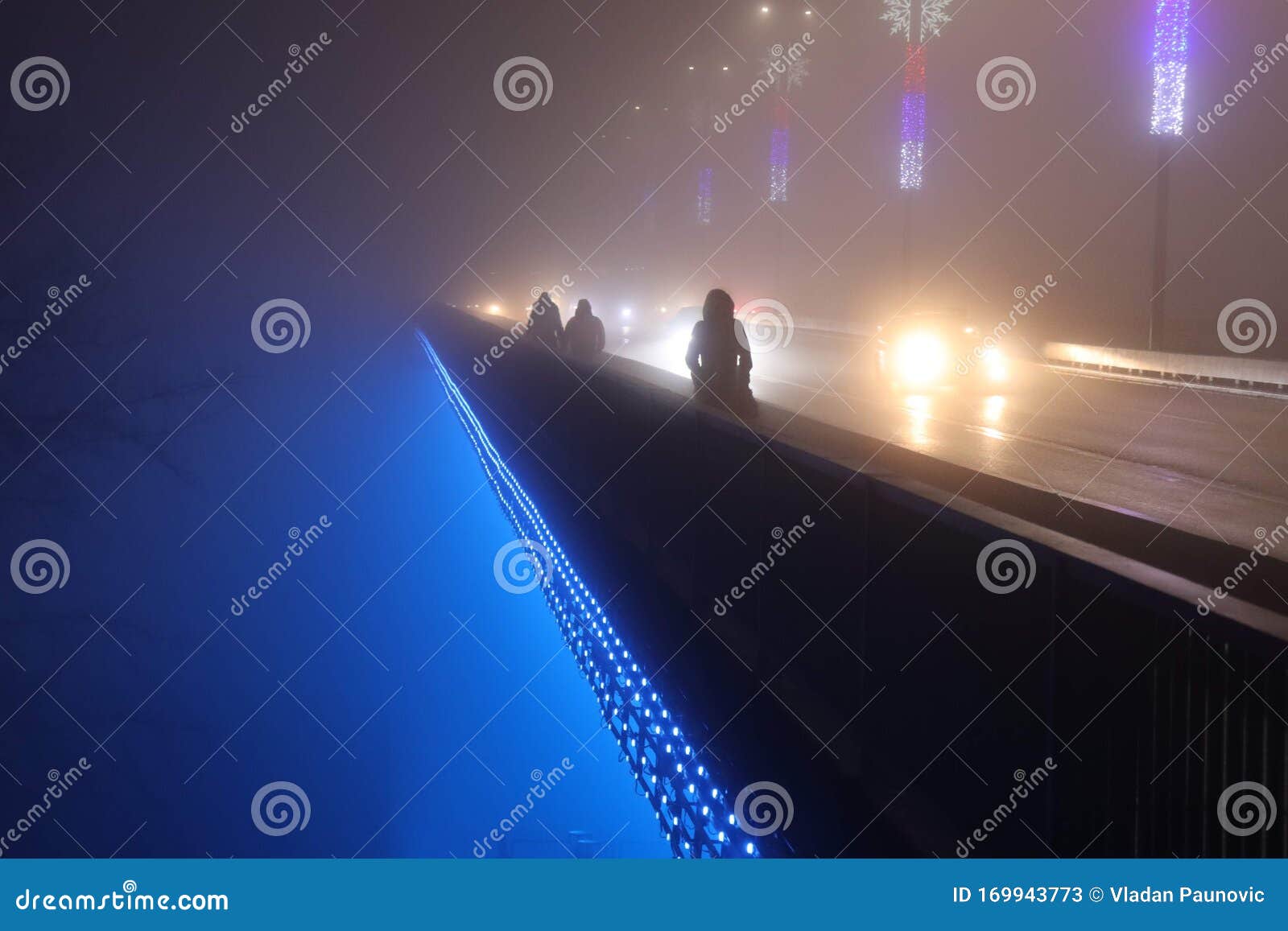 People on the Bridge Fog Night Lights Stock Image - Image of lights ...