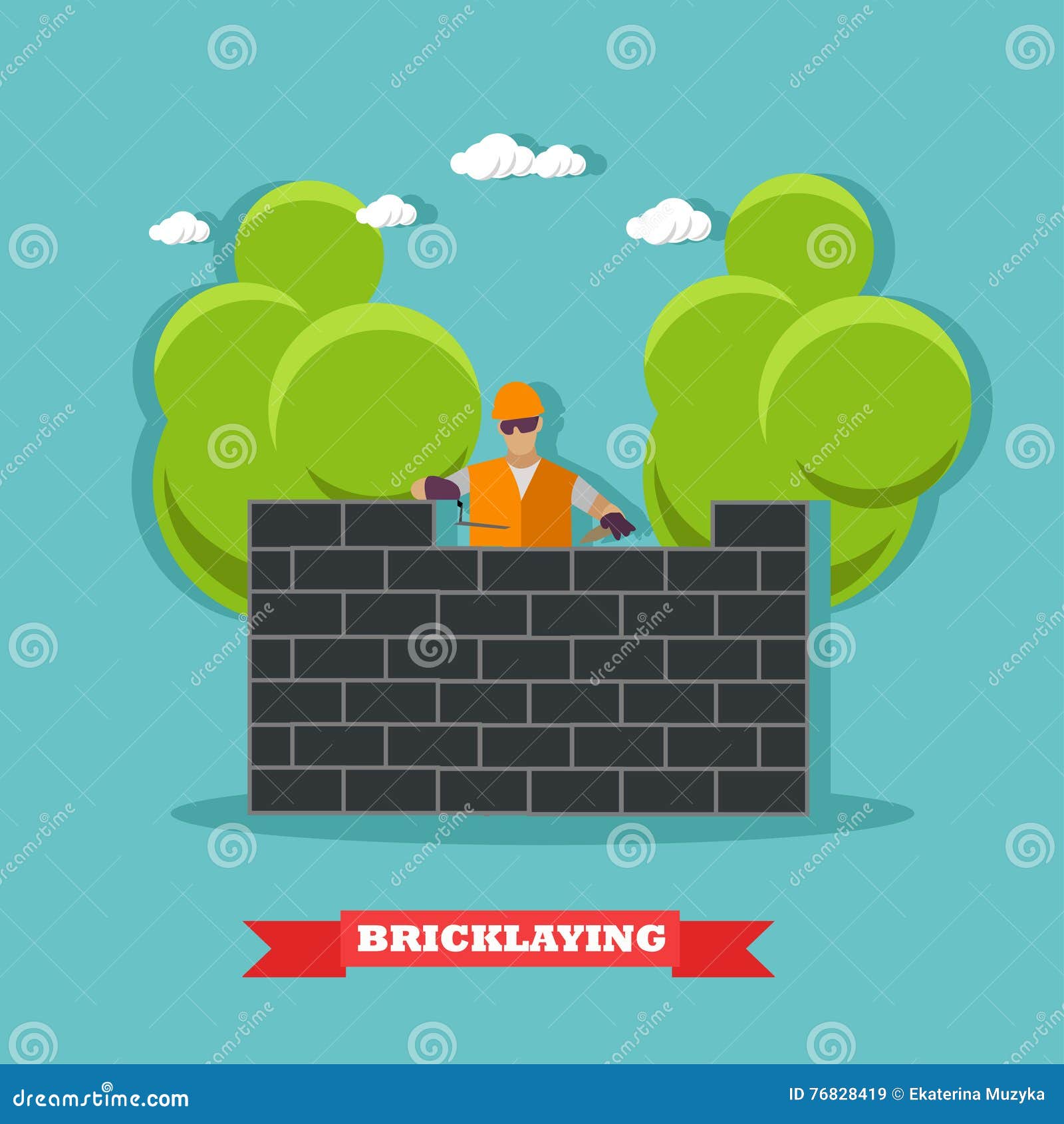 People Build Bricks Wall. Construction Site Concept Vector Banner Stock ...
