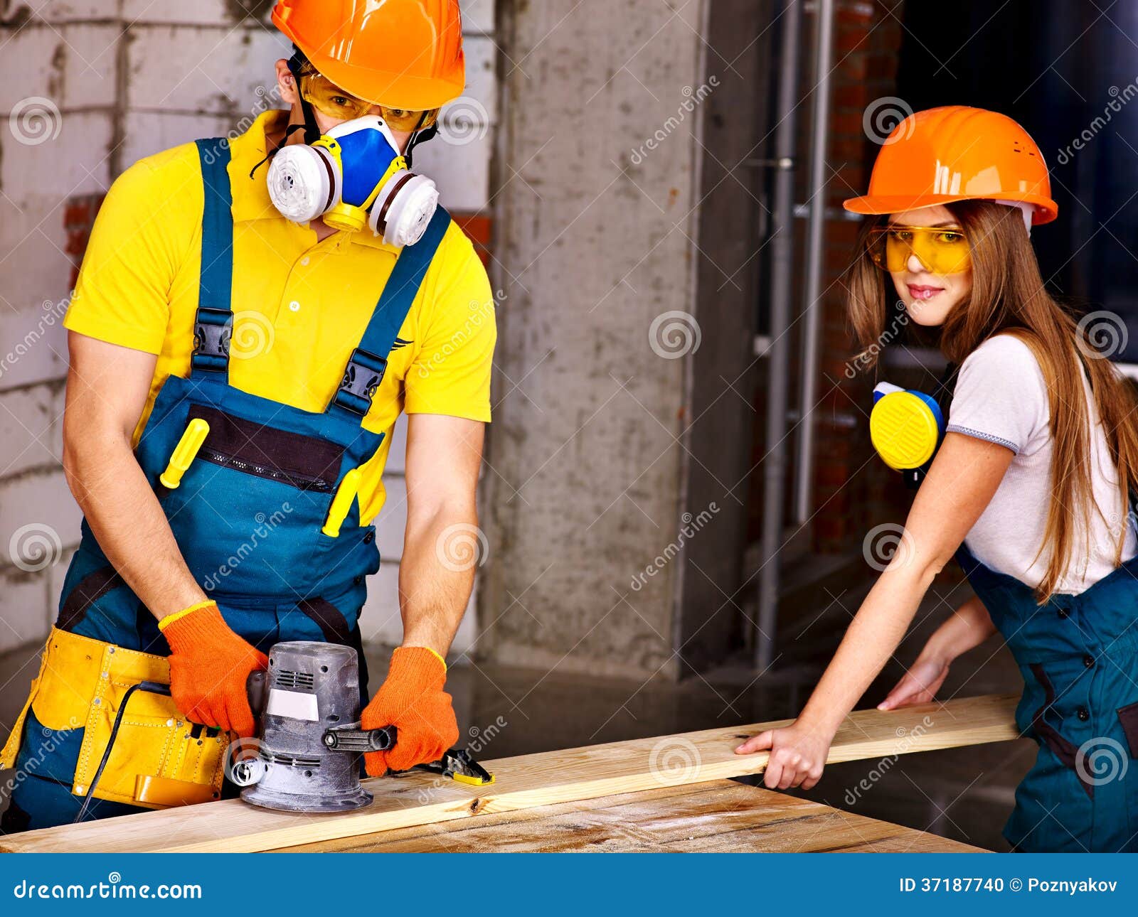 Builder In Helmet Waits While Woman With Busy Face Royalty-Free Stock ...