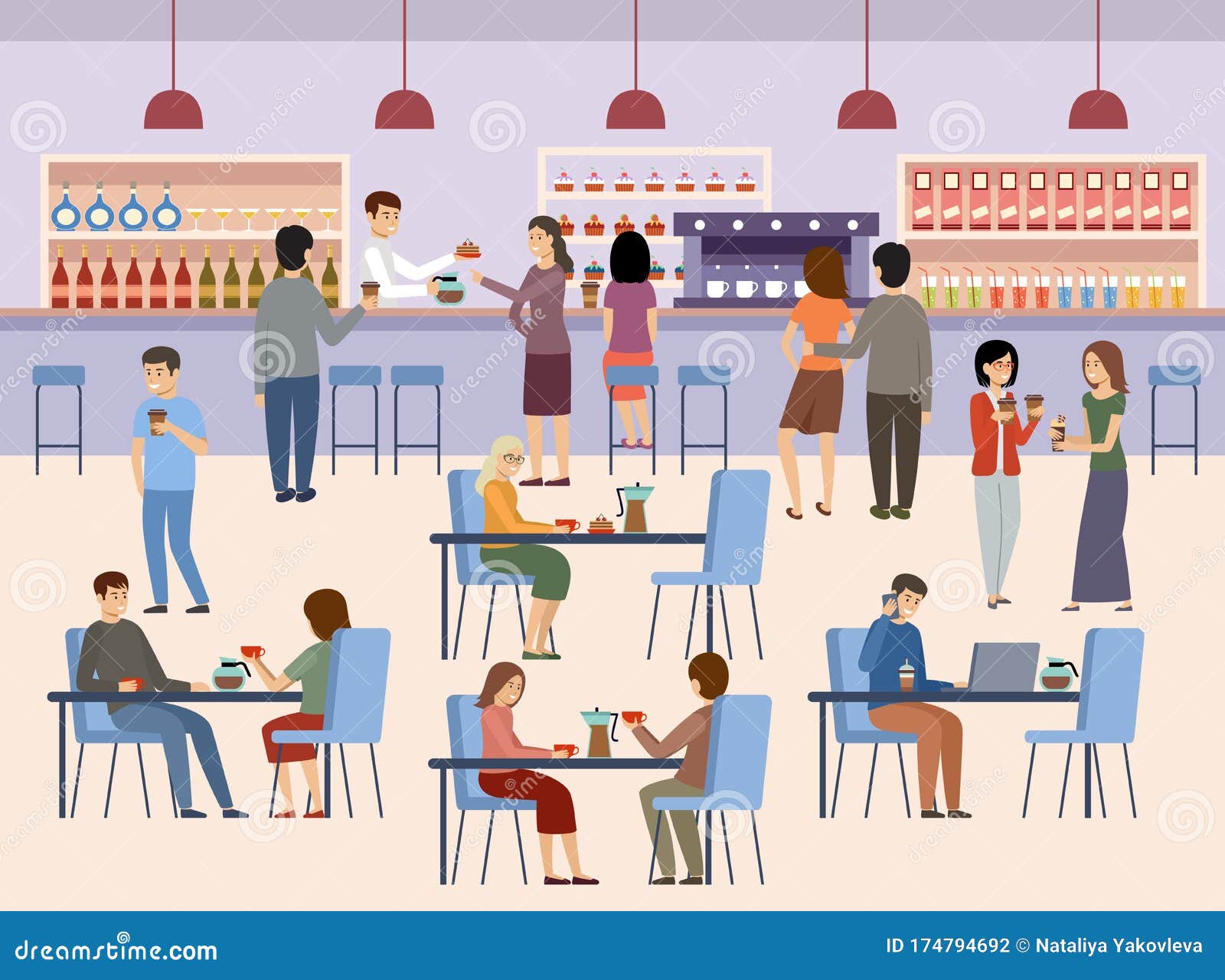 People in a Cafe. Lunch Break. Beverages Stock Vector - Illustration of ...