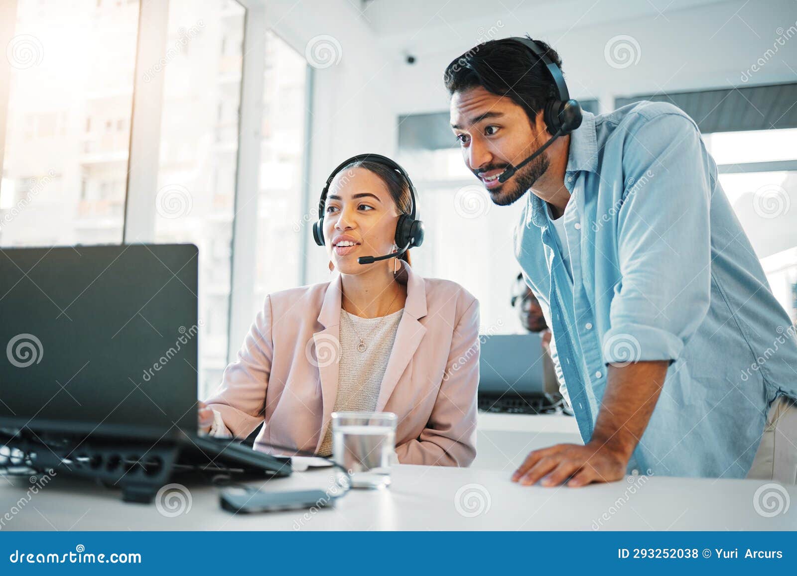 People at Call Center, Training with Manager and Help, Laptop and ...