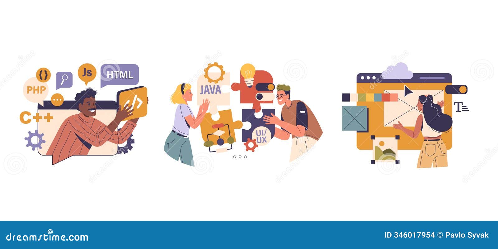 People Cartoon Characters Programming, Coding And Designing Website Vector Illustration Set ...