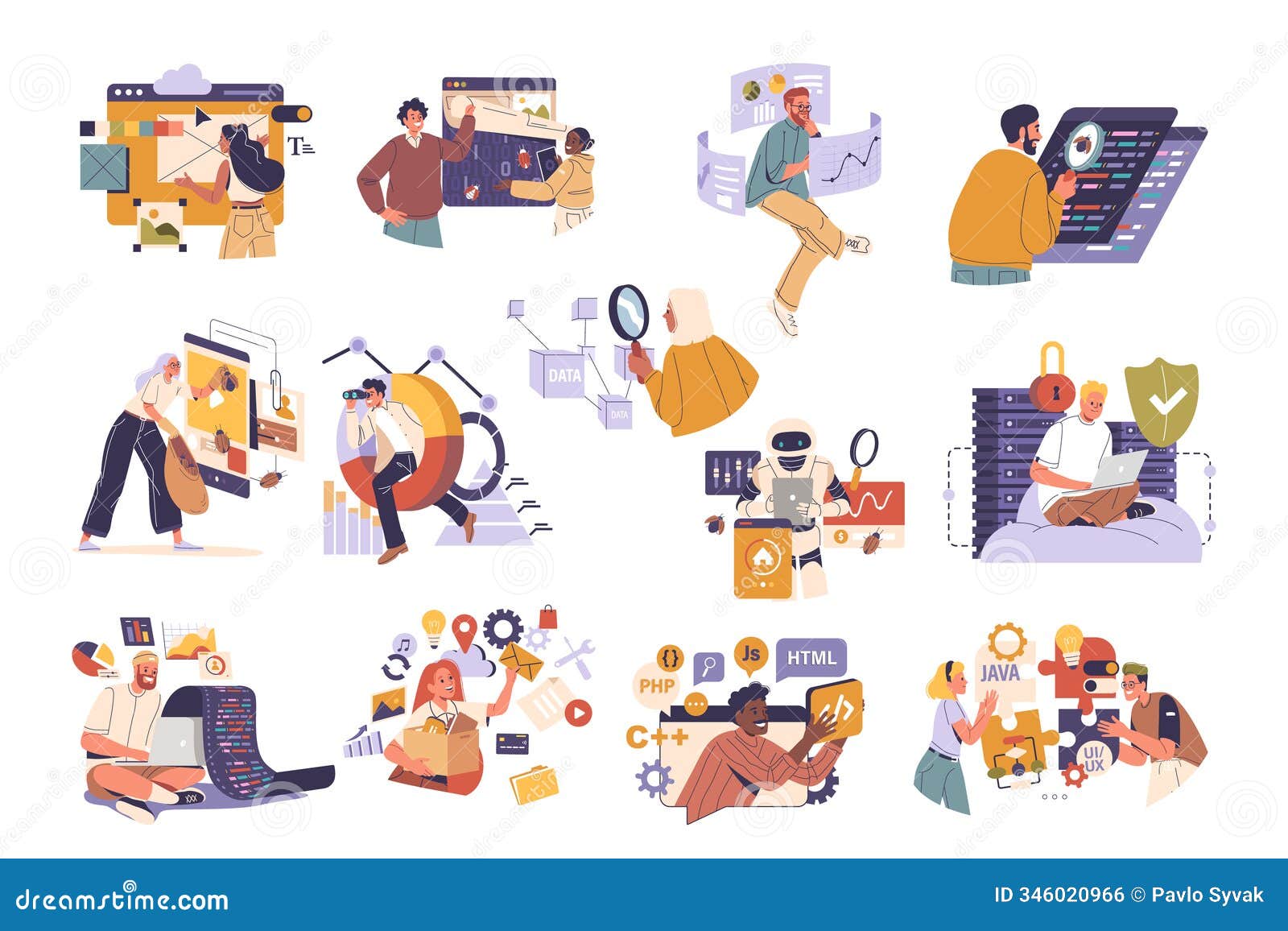 People Cartoon Characters Testing Computer And Mobile Software, Fixing ...