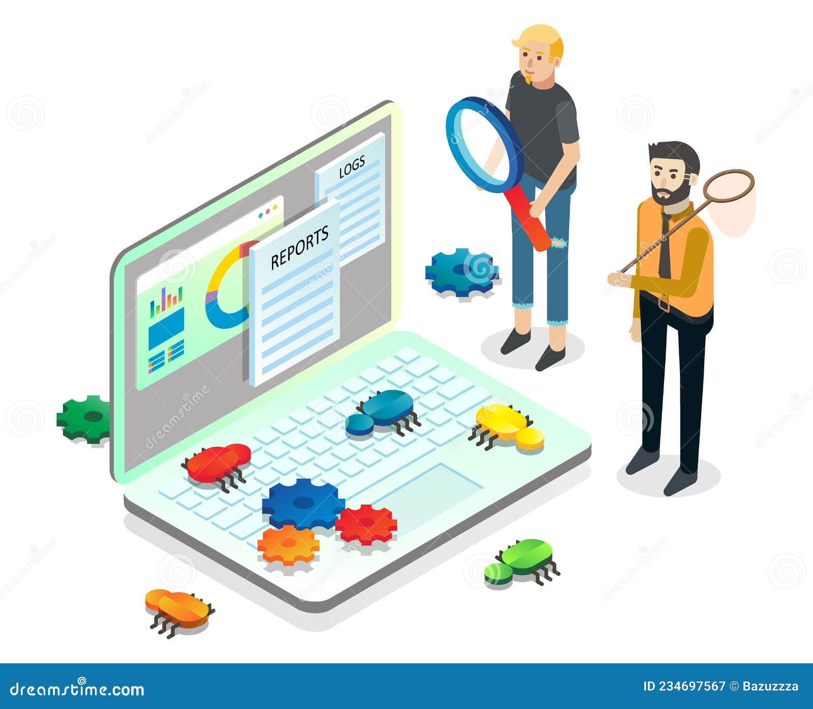 People Catching Bugs On Computer Screen Vector Isometric Illustration