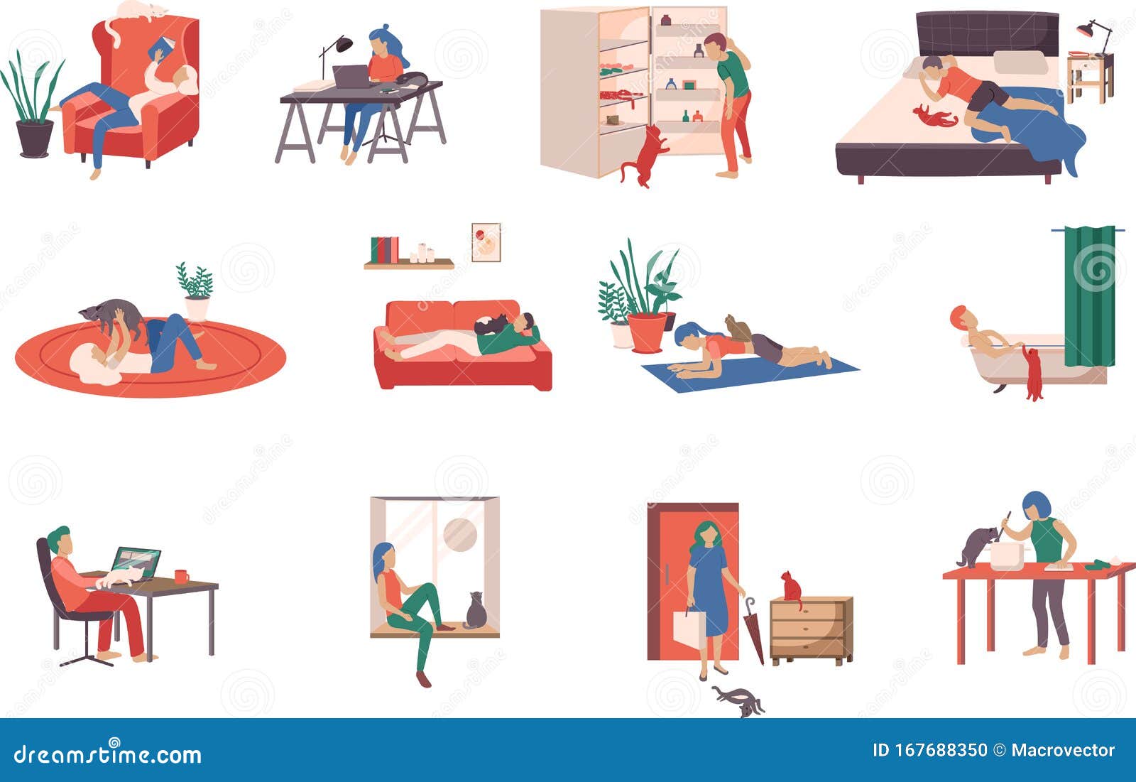 People with Cats Icons Set stock vector. Illustration of exercise ...