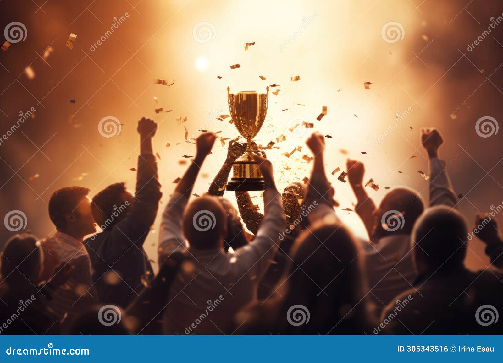 People Celebrating Victory Lifting Trophy among Confetti Stock Photo ...