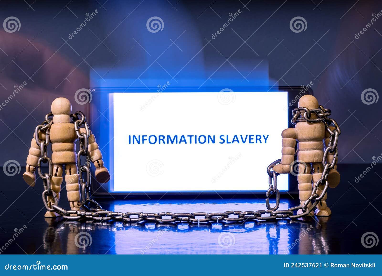 People Chained Up Look at the Phone Display and Blurry Translucent ...