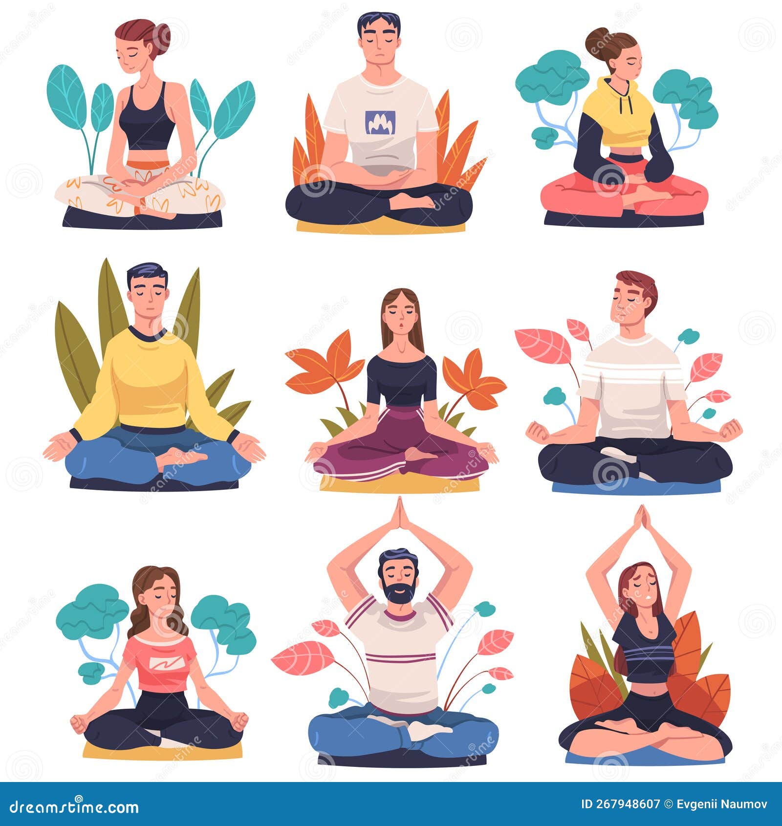 People Character Doing Meditation Sitting in Lotus Pose Practicing ...