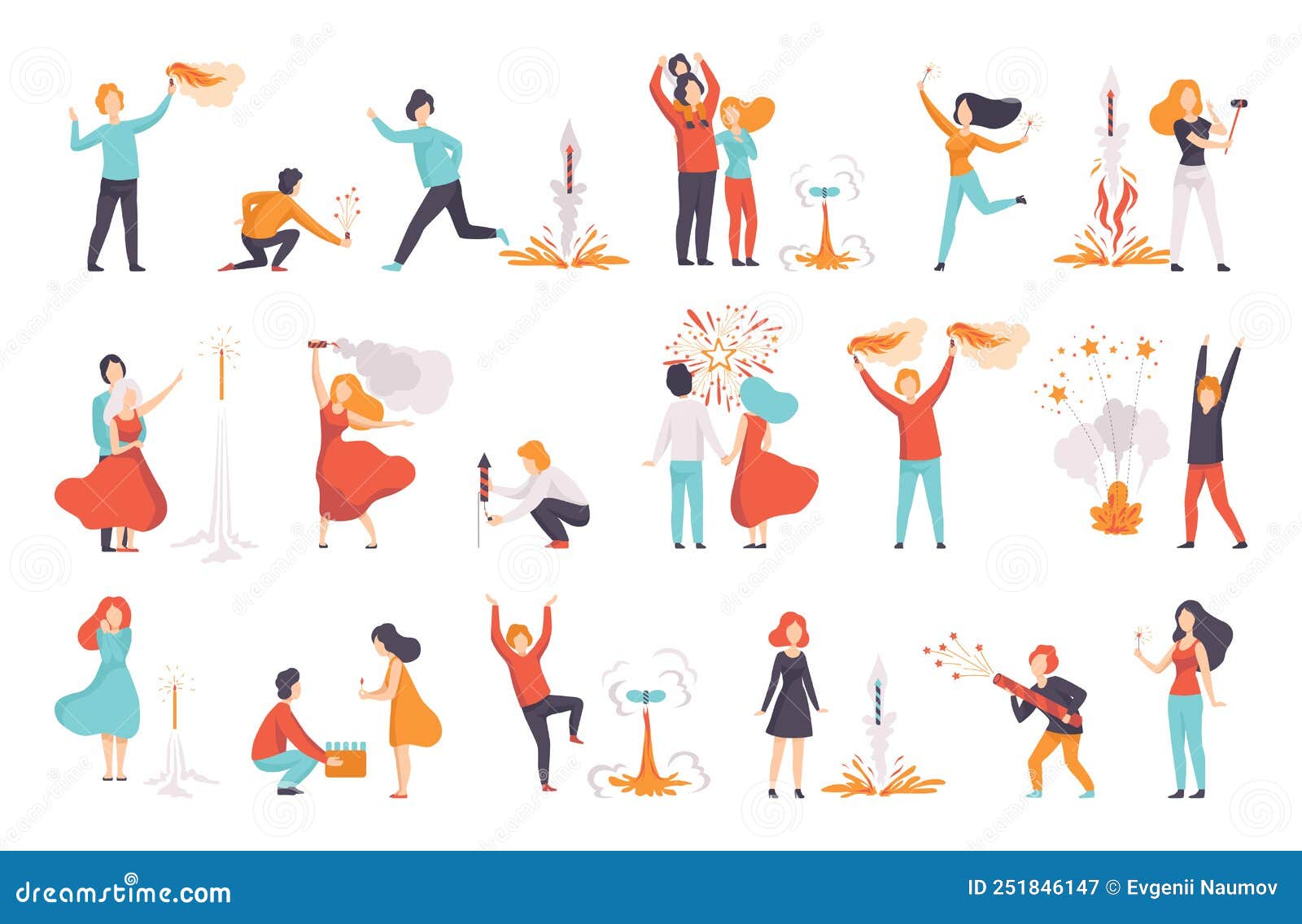 People Characters Launching and Watching Explosion of Fireworks Vector ...