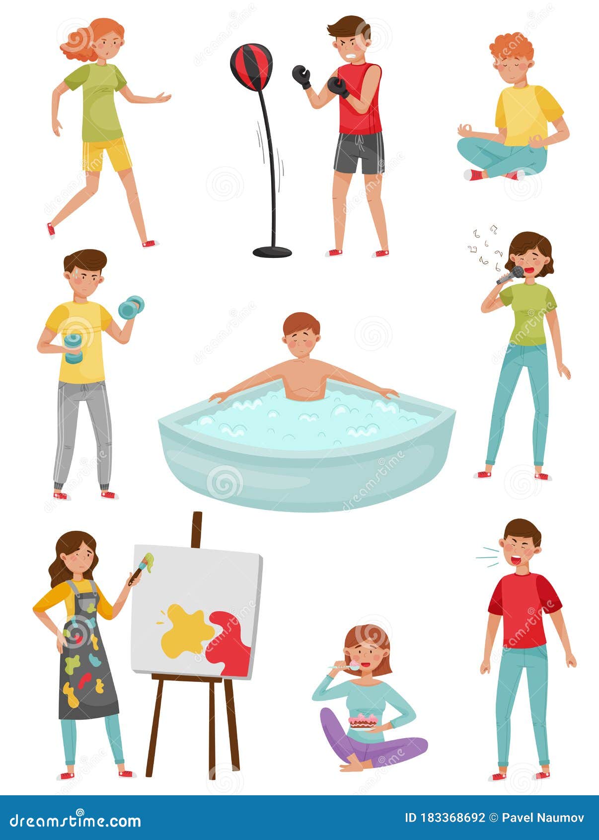 People Characters Reducing Stress by Different Activities Like Drawing ...