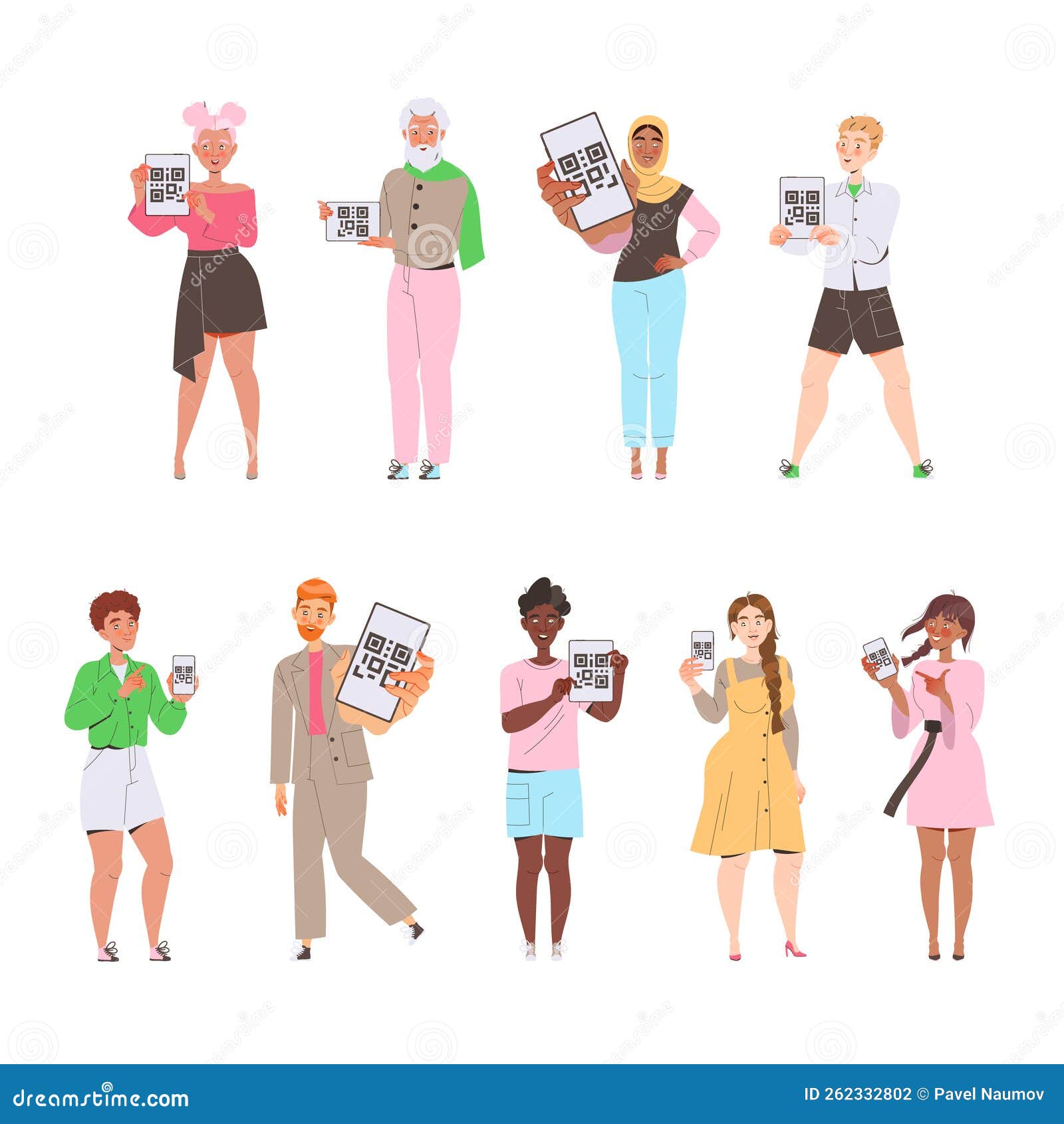 People Characters Showing QR Code on Their Gadget Vector Illustration ...