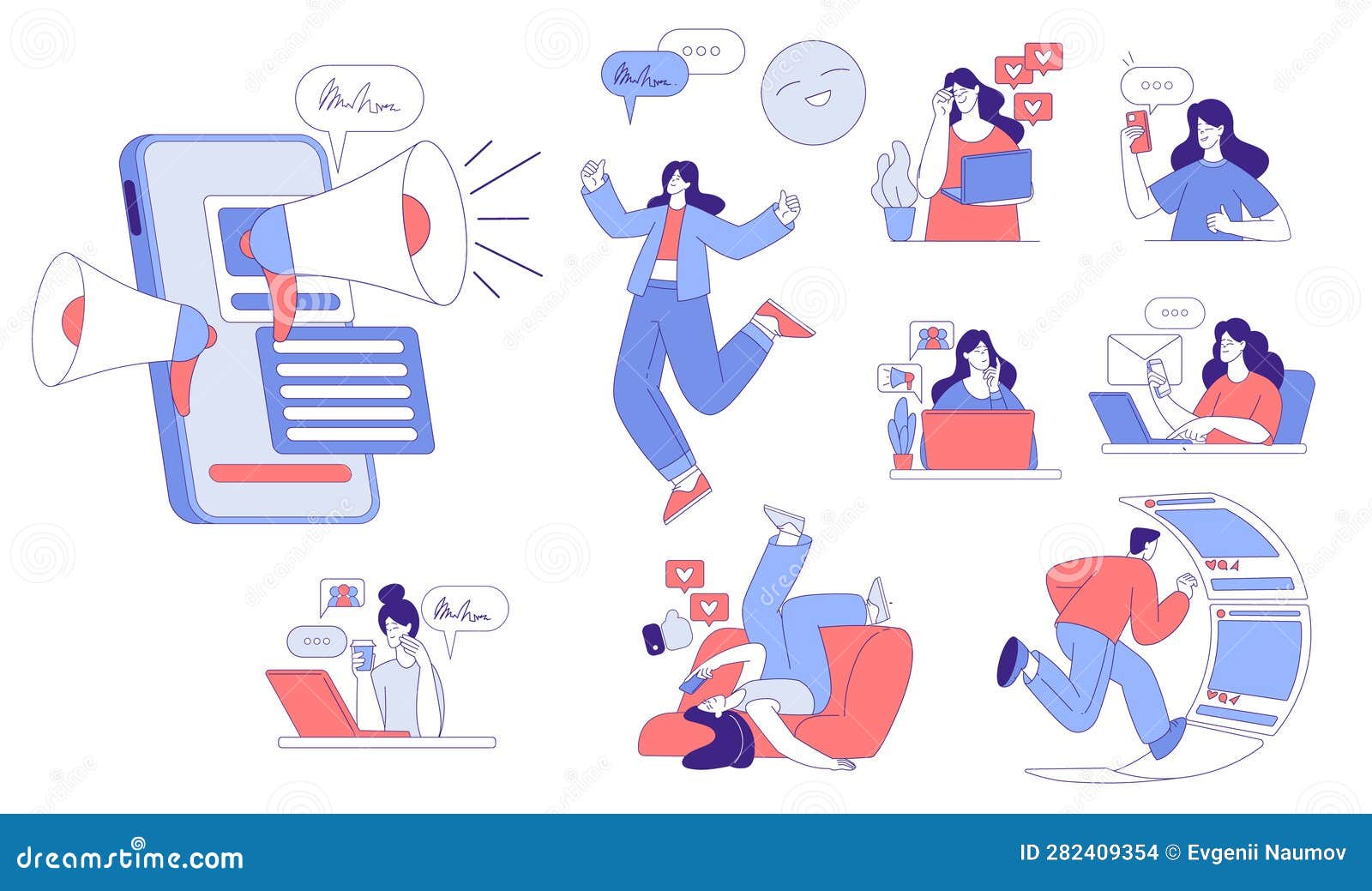 People Characters Using Social Media with Mobile Gadget Vector Set ...