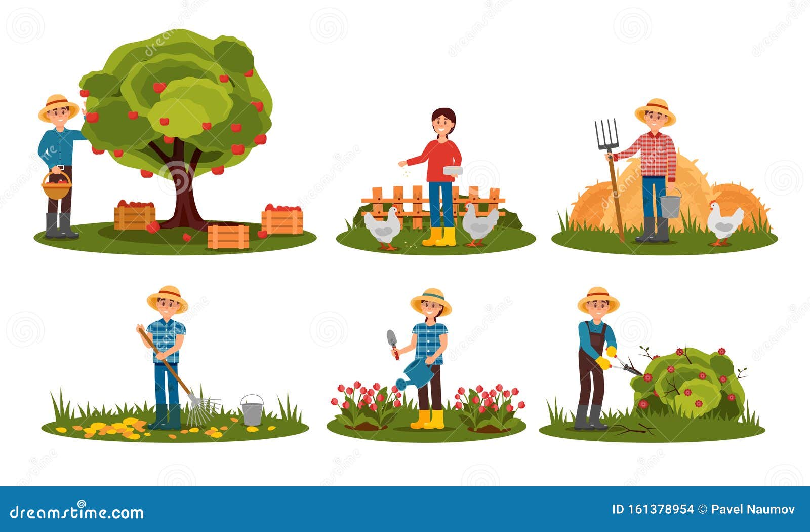People Characters Working on the Farm Vector Illustrations Collection ...