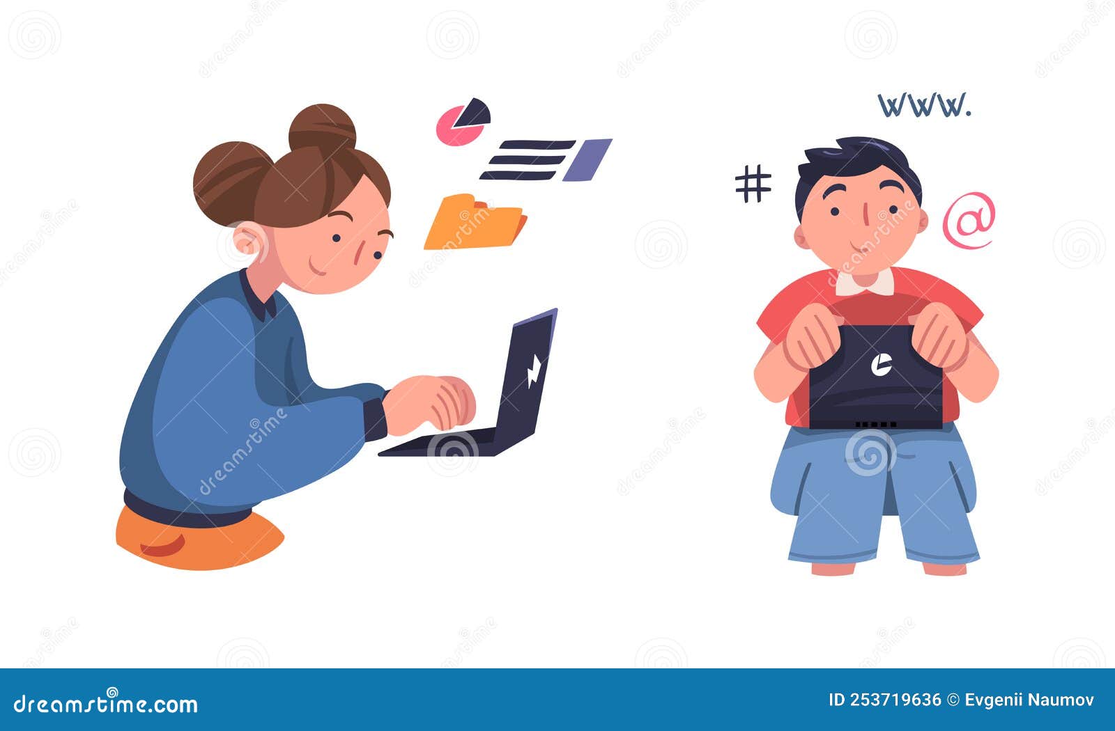 People Chatting with Laptop Computers on Social Media Set. Online ...