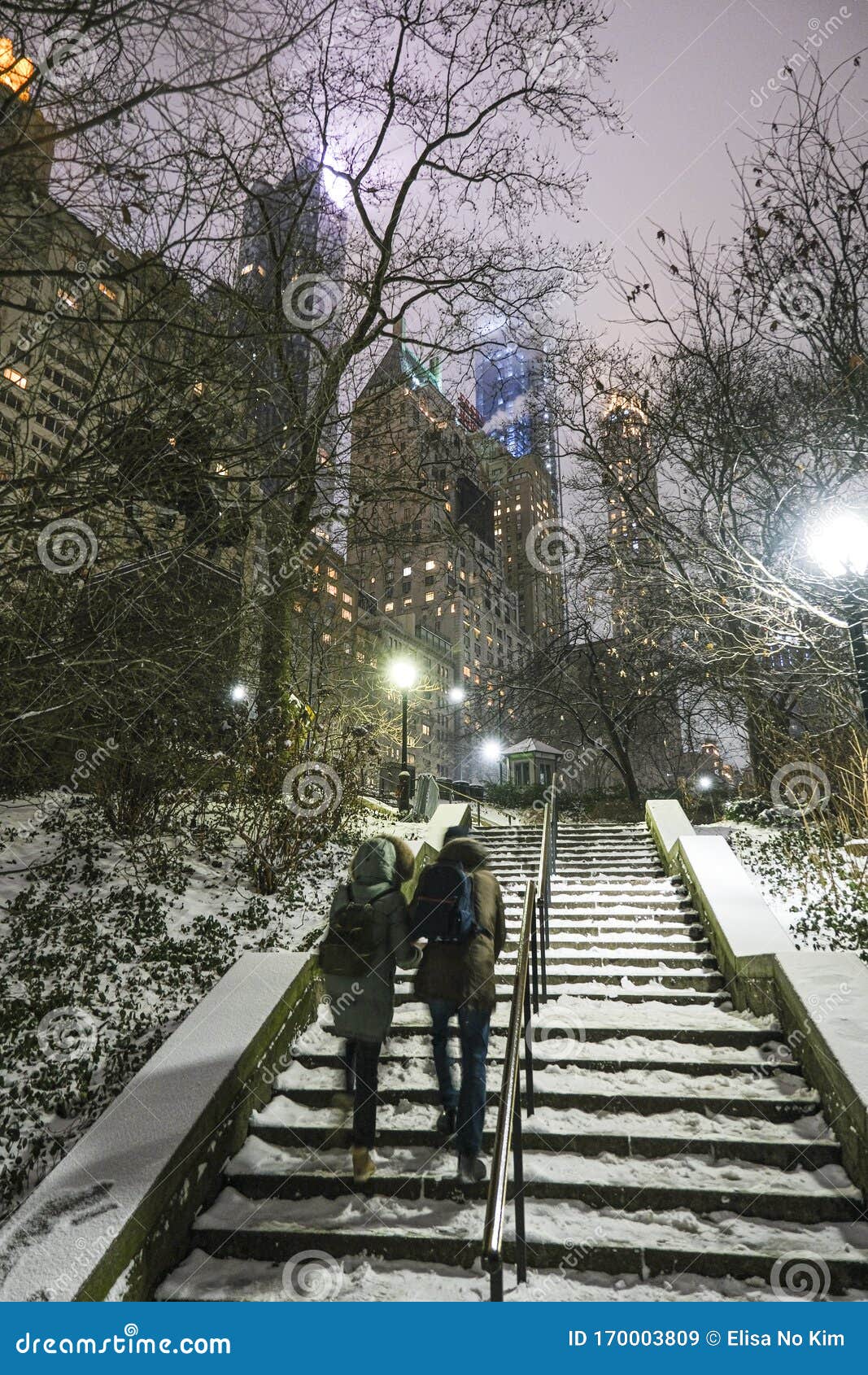 People Climbing the Steps on a Snowy Night Stock Image - Image of love ...