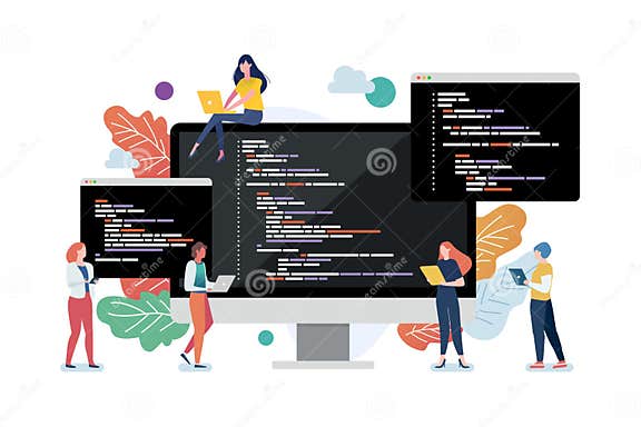 People with Coding on Computer Screen. Concept of Computer Programming ...