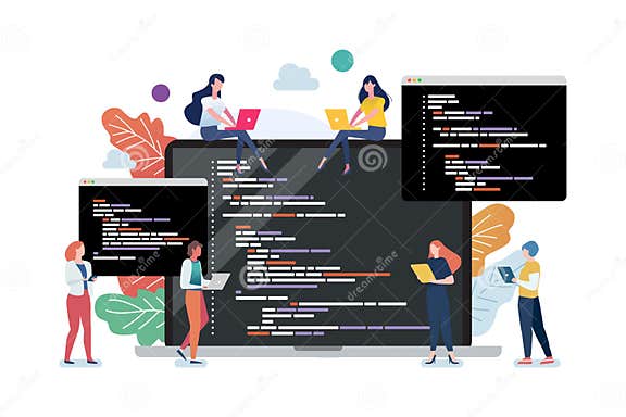 People with Coding on Laptop Screen. Concept of Computer Programming or ...