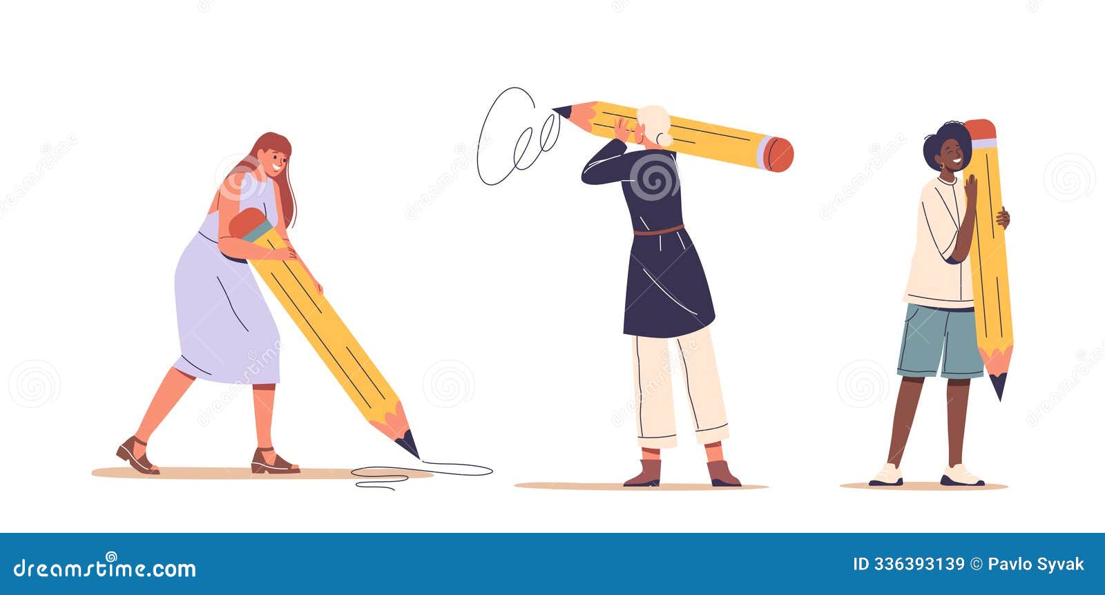 People Collaboratively Using Oversized Pencils To Draw. Vector ...