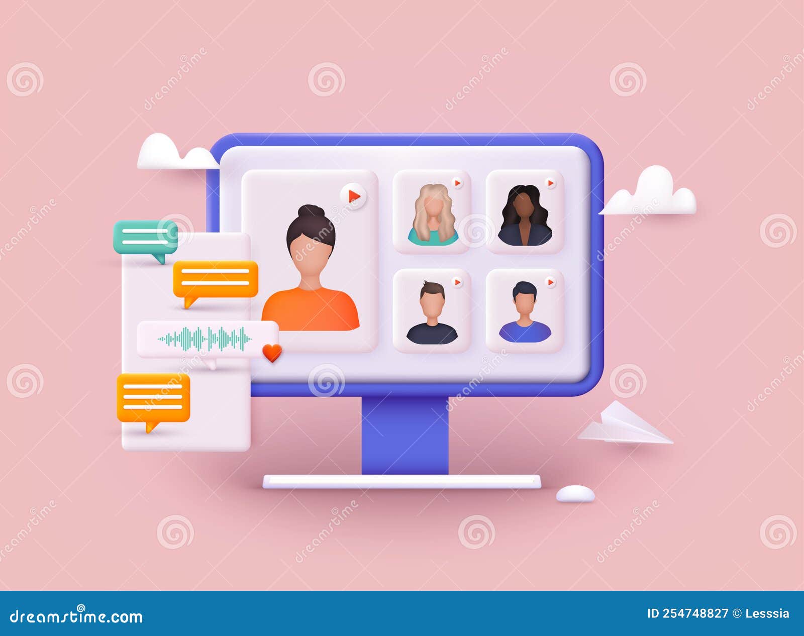 People on Computer Screen Taking with Colleague. Videoconferencing and ...