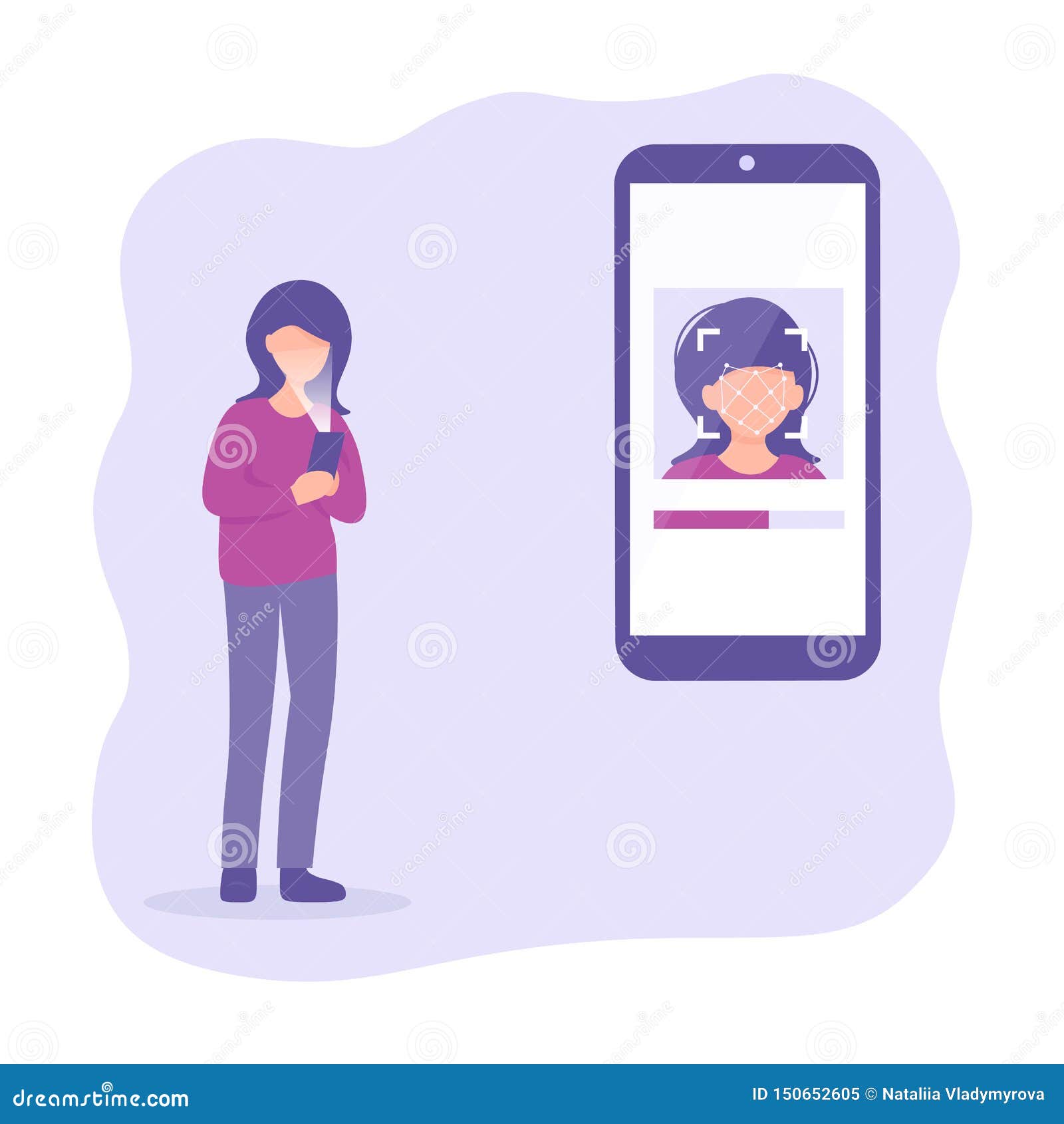 Woman with Mobile Phone, Face on Big Smartphone Screen, Face Id Concept ...