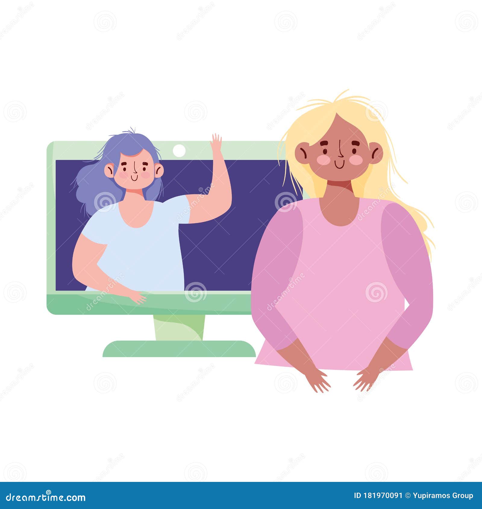 People Creativity and Technology, Girls with Computer Greeting Chat ...