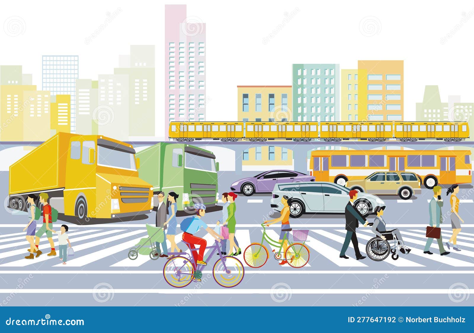 People on the Crosswalk and Road and Rail Traffic, Illustration Stock ...