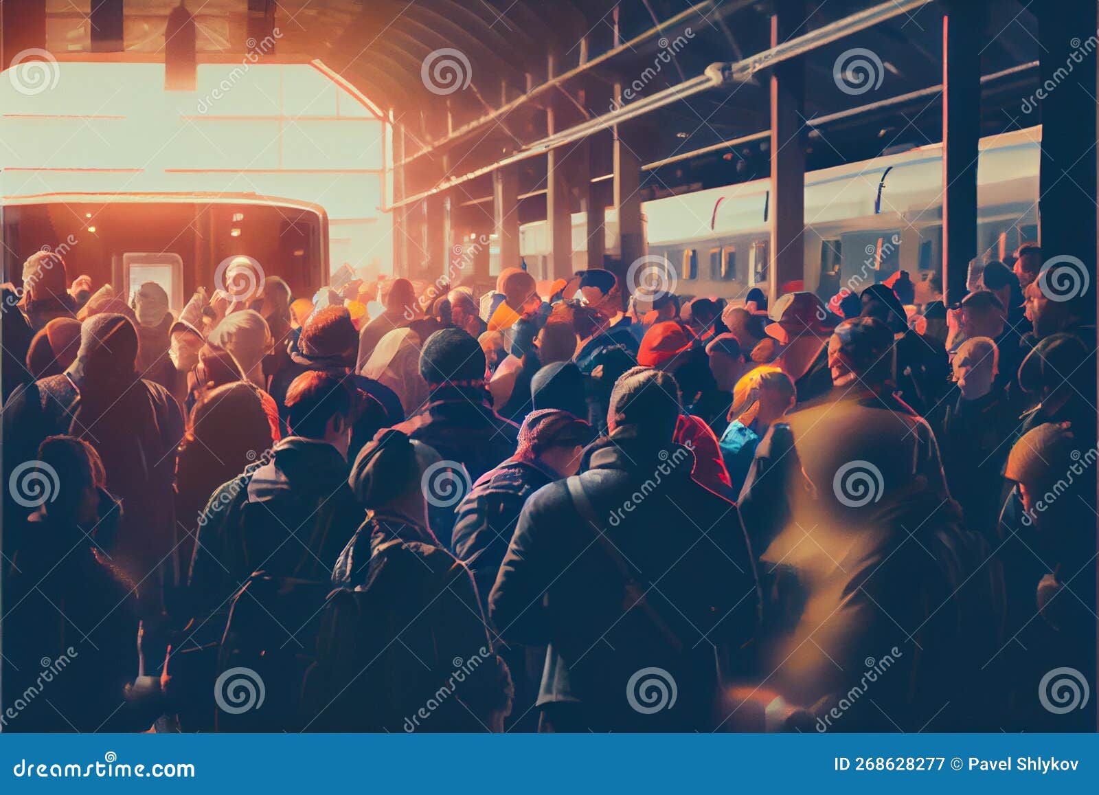 People in the Crowd Get Off the Train in Train Terminal. Stock Image ...