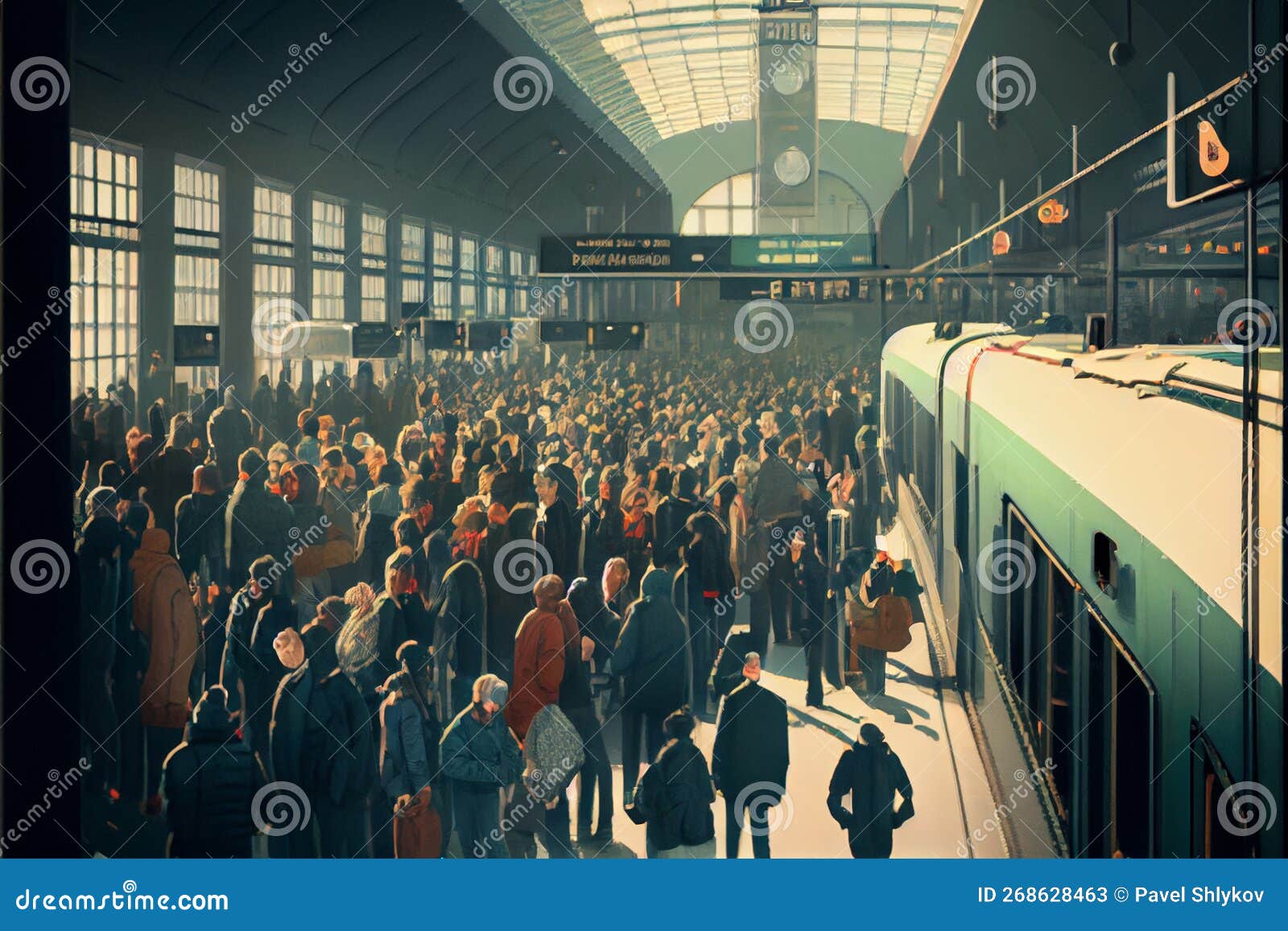 People in the Crowd Get Off the Train in Train Terminal. Stock ...
