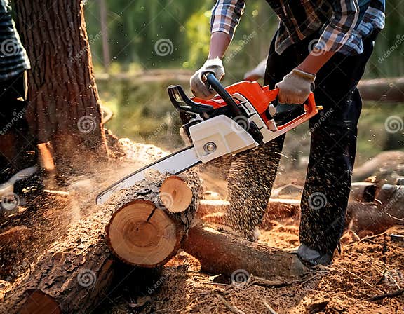 People Cutting Trees with Chainsaws and Sawing Logs Stock Illustration ...