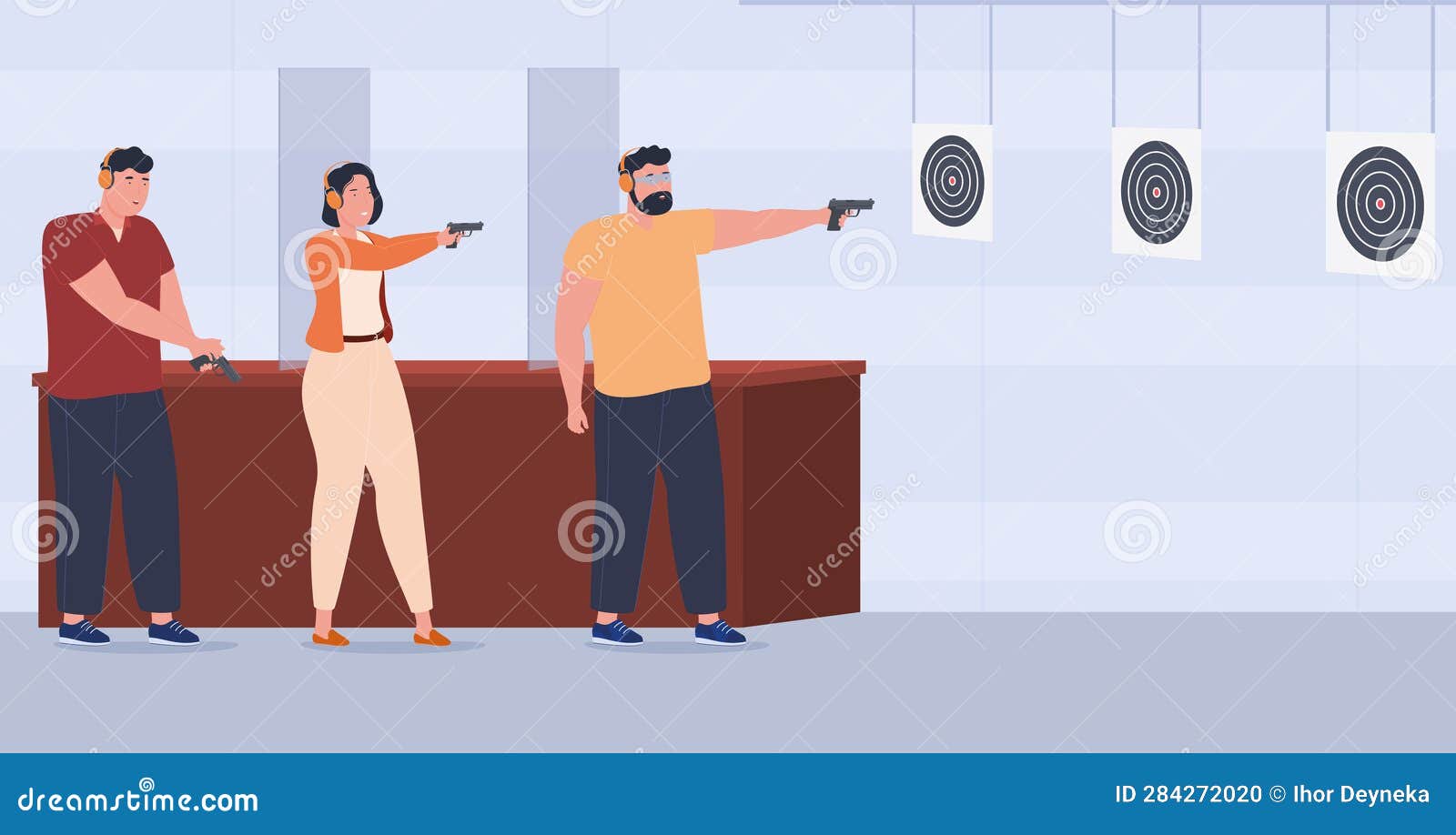 People in Different Poses Shoot Firearms. Shooting Range Training with ...