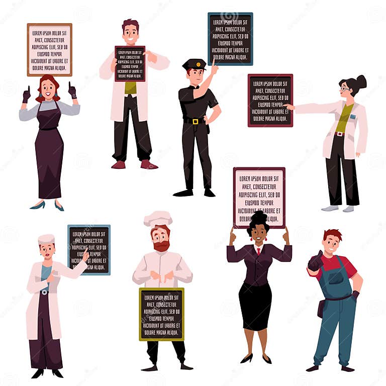 People of Different Professions Pointing at Borders or Banners, Vector ...
