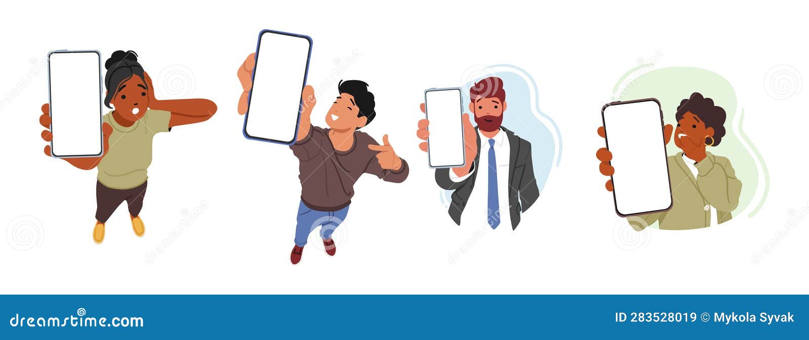 People Displaying Empty Smartphone Screens. Male Female Characters ...