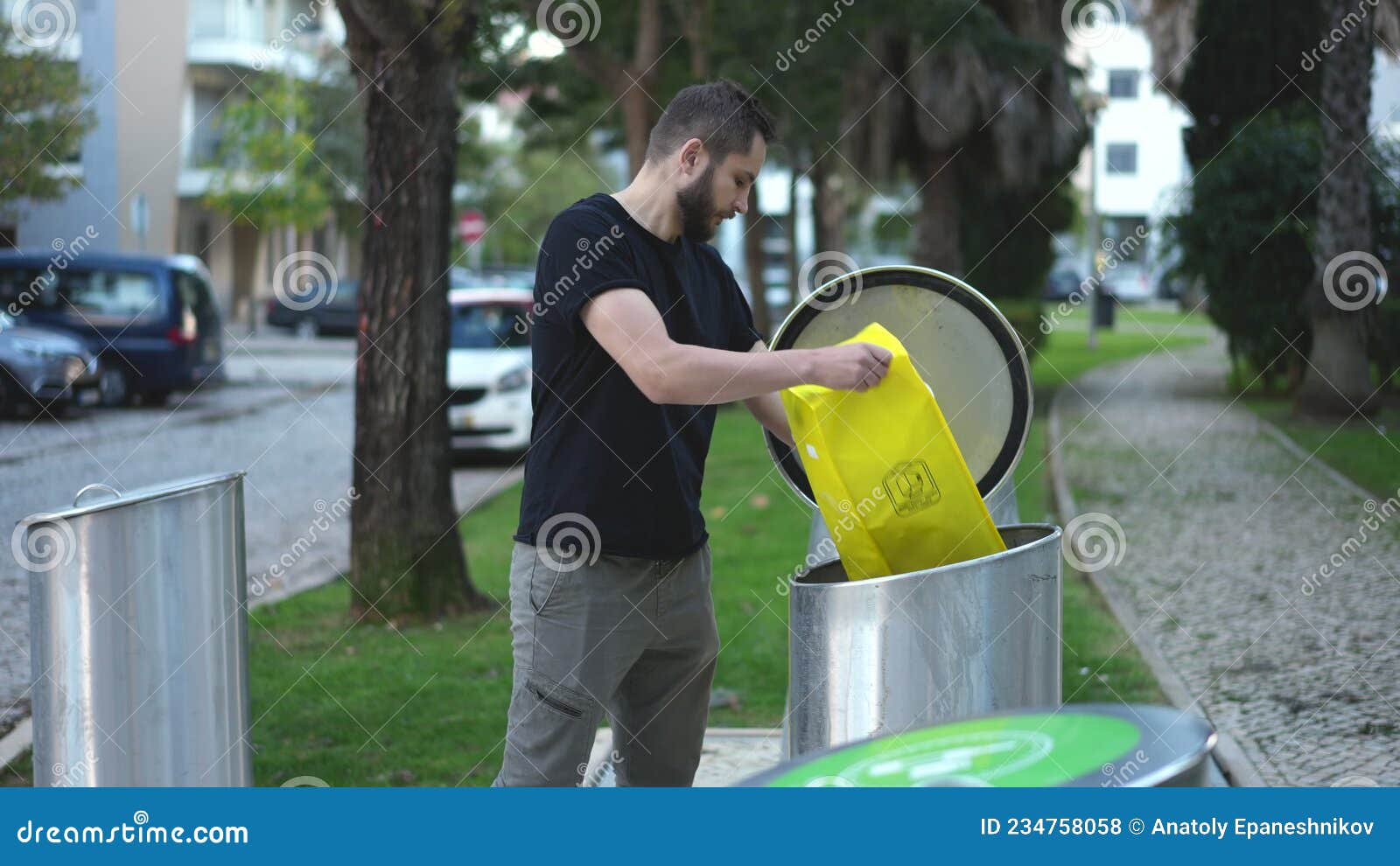 European Urban Wastes Sorting. Plastic Bags, Packages Garbage Can ...