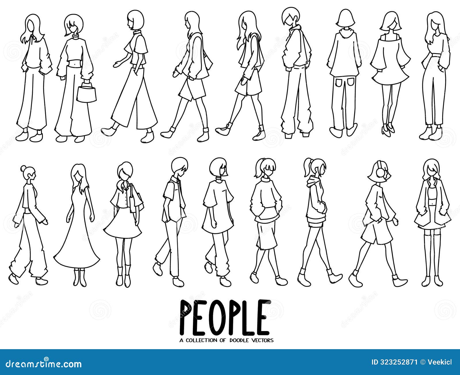 People Doodle Vector Set. Drawing Sketch Illustration Hand Drawn Line ...